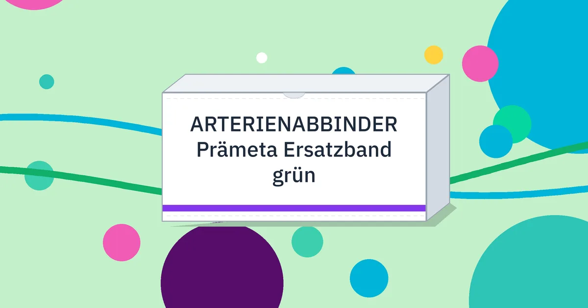 Symbolbild: Packung mit der Aufschrift ARTERIENABBINDER Prämeta Ersatzband grün (PZN 02438315) – Verfügbarkeit und Bezug in Apotheken in Frankfurt am Main