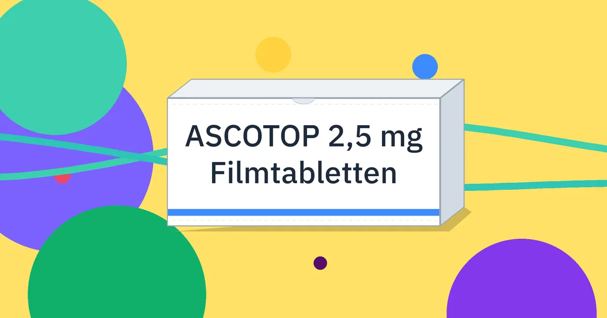 Symbolbild: Packung mit der Aufschrift ASCOTOP 2,5 mg Filmtabletten (PZN 08508821) – Verfügbarkeit und Bezug in Apotheken in Frankfurt am Main