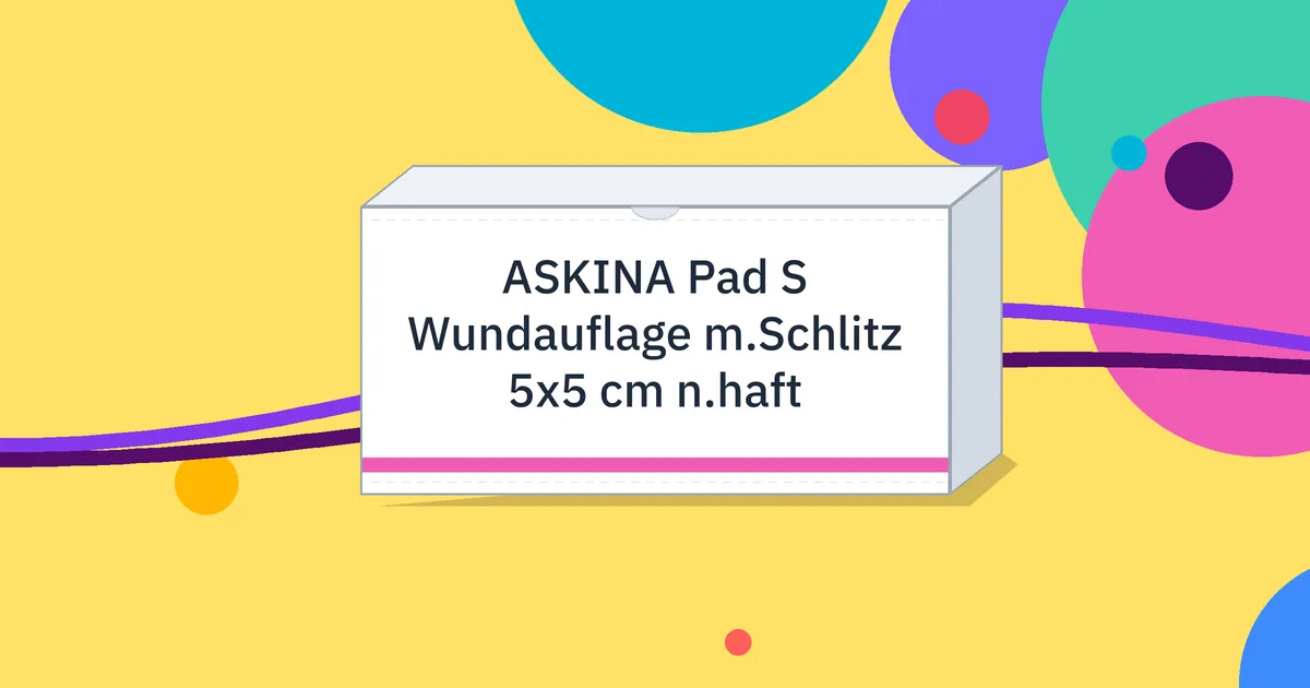 Symbolbild: Packung mit der Aufschrift ASKINA Pad S Wundauflage m.Schlitz 5x5 cm n.haft (PZN 12735793) – Verfügbarkeit und Bezug in Apotheken in Frankfurt am Main