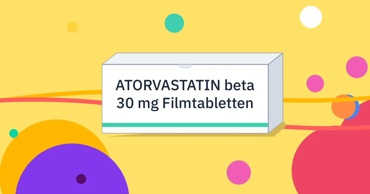 Symbolbild: Packung mit der Aufschrift ATORVASTATIN beta 30 mg Filmtabletten (PZN 20348900) – Verfügbarkeit und Bezug in Apotheken in Frankfurt am Main