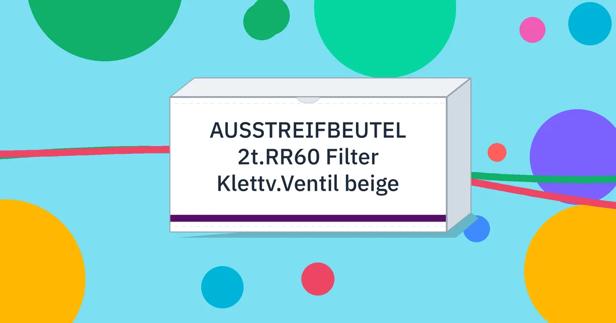 Symbolbild: Packung mit der Aufschrift AUSSTREIFBEUTEL 2t.RR60 Filter Klettv.Ventil beige (PZN 10046061) – Verfügbarkeit und Bezug in Apotheken in Frankfurt am Main
