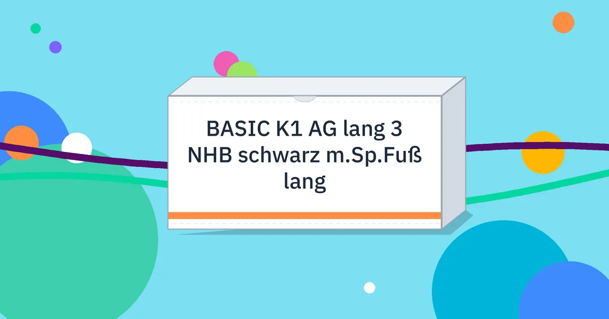 Symbolbild: Packung mit der Aufschrift BASIC K1 AG lang 3 NHB schwarz m.Sp.Fuß lang (PZN 20260341) – Verfügbarkeit und Bezug in Apotheken in Frankfurt am Main
