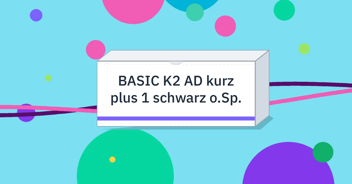 Symbolbild: Packung mit der Aufschrift BASIC K2 AD kurz plus 1 schwarz o.Sp. (PZN 20263486) – Verfügbarkeit und Bezug in Apotheken in Frankfurt am Main