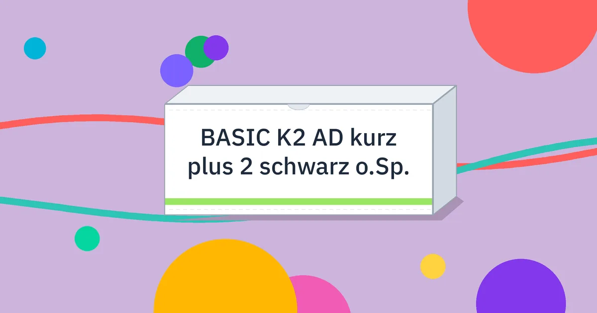 Symbolbild: Packung mit der Aufschrift BASIC K2 AD kurz plus 2 schwarz o.Sp. (PZN 20263925) – Verfügbarkeit und Bezug in Apotheken in Frankfurt am Main