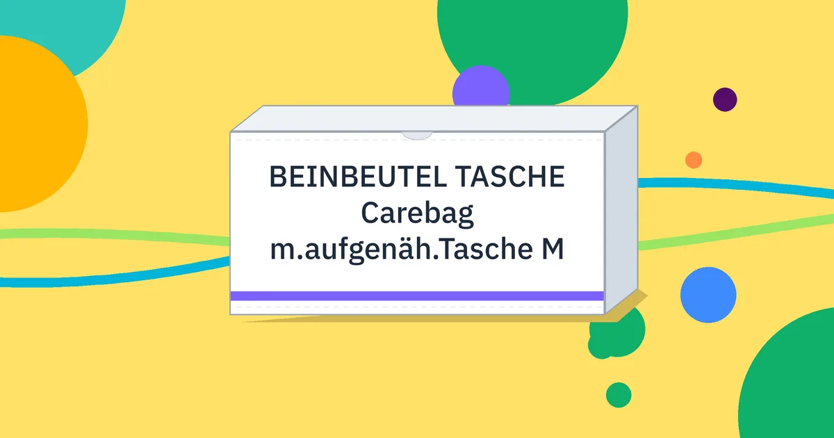 Symbolbild: Packung mit der Aufschrift BEINBEUTEL TASCHE Carebag m.aufgenäh.Tasche M (PZN 08759888) – Verfügbarkeit und Bezug in Apotheken in Frankfurt am Main