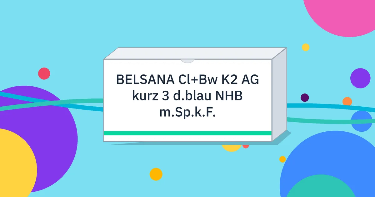 Symbolbild: Packung mit der Aufschrift BELSANA Cl+Bw K2 AG kurz 3 d.blau NHB m.Sp.k.F. (PZN 15627182) – Verfügbarkeit und Bezug in Apotheken in Frankfurt am Main