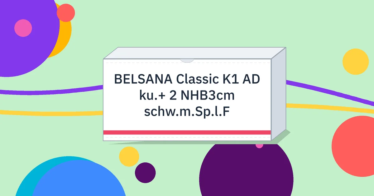 Symbolbild: Packung mit der Aufschrift BELSANA Classic K1 AD ku.+ 2 NHB3cm schw.m.Sp.l.F (PZN 19254795) – Verfügbarkeit und Bezug in Apotheken in Frankfurt am Main