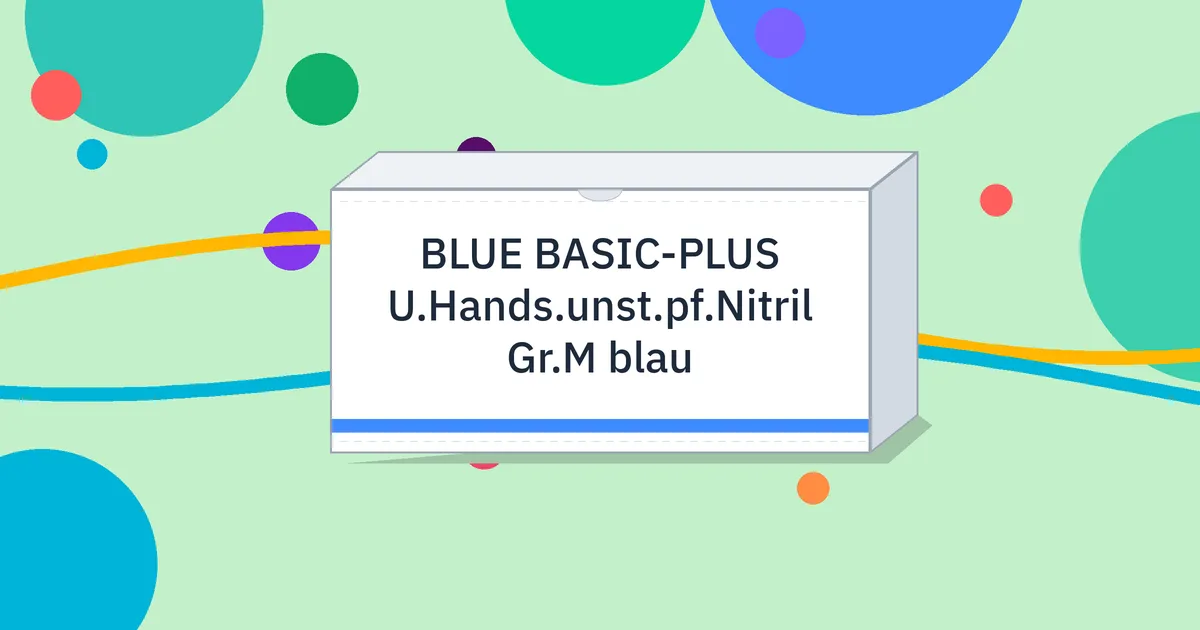 Symbolbild: Packung mit der Aufschrift BLUE BASIC-PLUS U.Hands.unst.pf.Nitril Gr.M blau (PZN 11237248) – Verfügbarkeit und Bezug in Apotheken in Frankfurt am Main