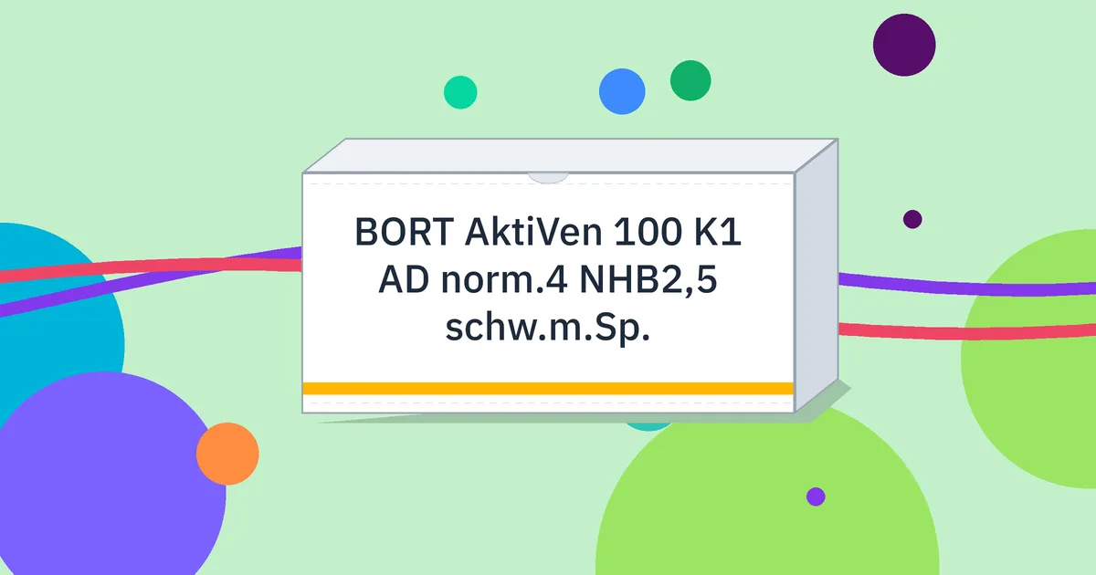 Symbolbild: Packung mit der Aufschrift BORT AktiVen 100 K1 AD norm.4 NHB2,5 schw.m.Sp. (PZN 17502125) – Verfügbarkeit und Bezug in Apotheken in Frankfurt am Main