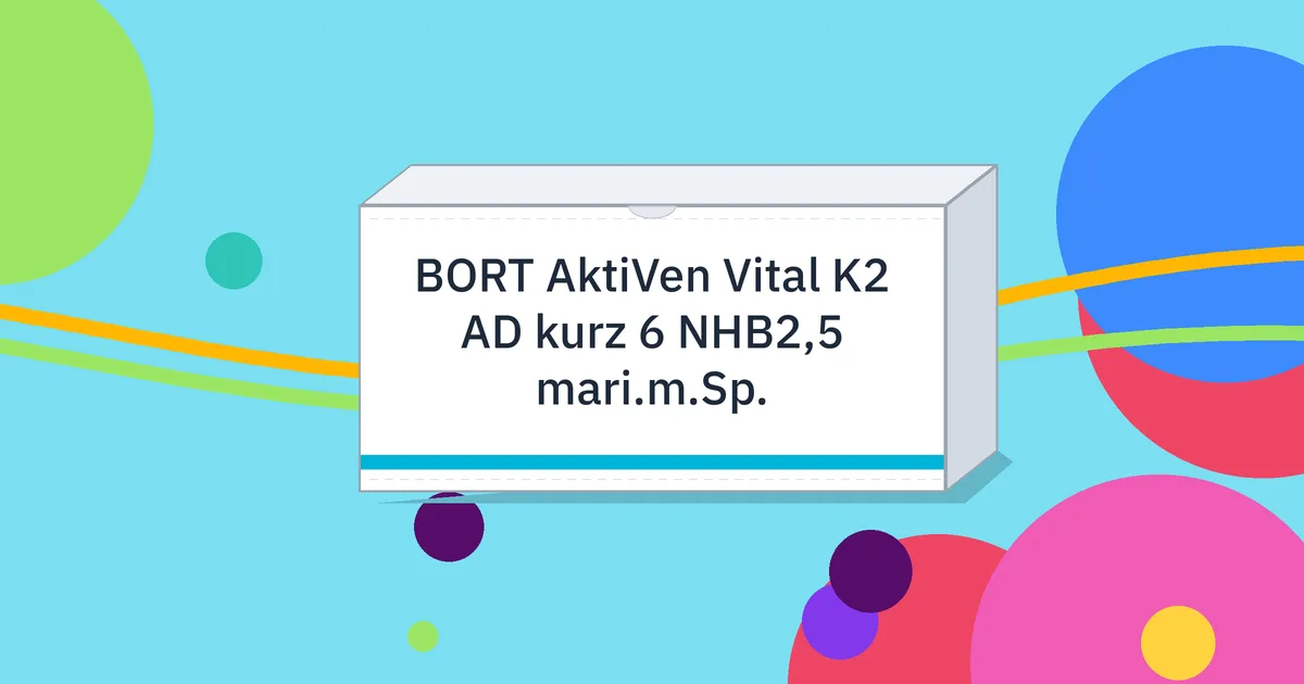 Symbolbild: Packung mit der Aufschrift BORT AktiVen Vital K2 AD kurz 6 NHB2,5 mari.m.Sp. (PZN 17499535) – Verfügbarkeit und Bezug in Apotheken in Frankfurt am Main
