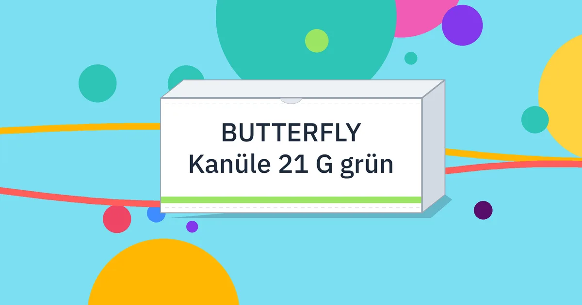 Symbolbild: Packung mit der Aufschrift BUTTERFLY Kanüle 21 G grün (PZN 19990548) – Verfügbarkeit und Bezug in Apotheken in Frankfurt am Main