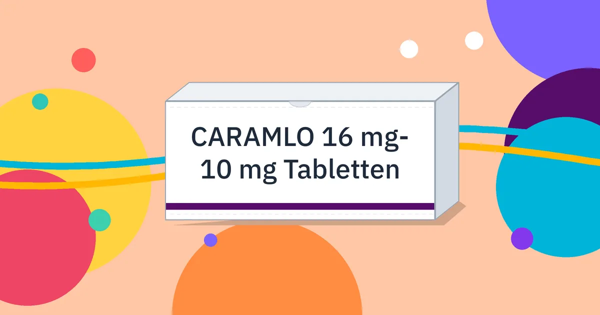 Symbolbild: Packung mit der Aufschrift CARAMLO 16 mg-10 mg Tabletten (PZN 19554592) – Verfügbarkeit und Bezug in Apotheken in Frankfurt am Main