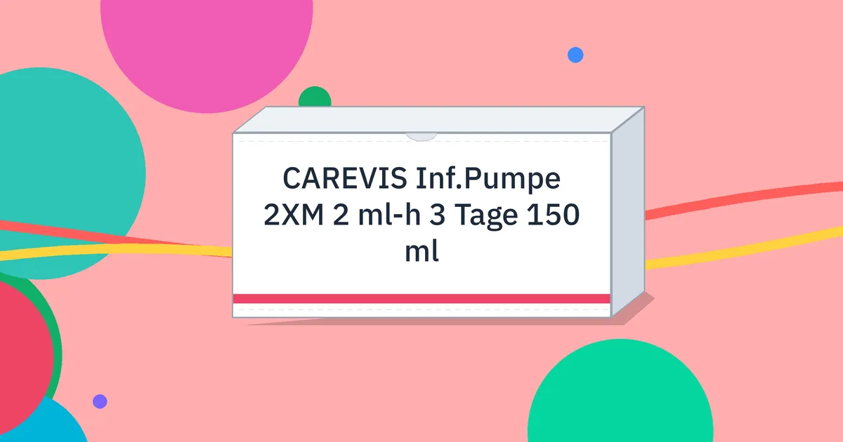 Symbolbild: Packung mit der Aufschrift CAREVIS Inf.Pumpe 2XM 2 ml-h 3 Tage 150 ml (PZN 10528989) – Verfügbarkeit und Bezug in Apotheken in Frankfurt am Main