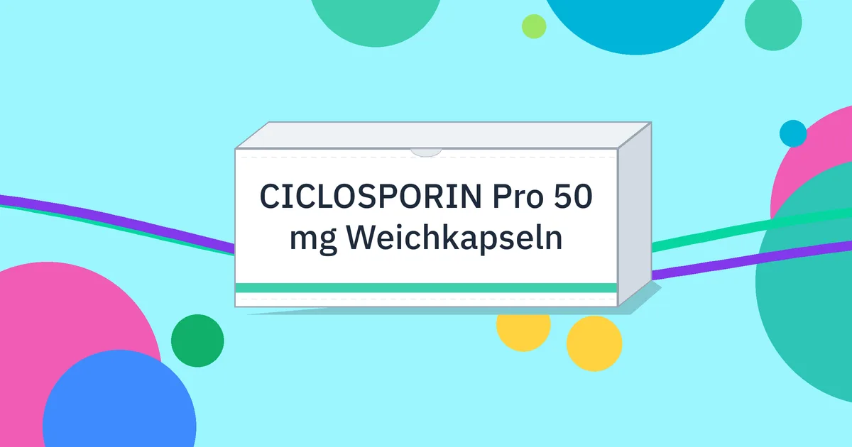 Symbolbild: Packung mit der Aufschrift CICLOSPORIN Pro 50 mg Weichkapseln (PZN 16223162) – Verfügbarkeit und Bezug in Apotheken in Frankfurt am Main