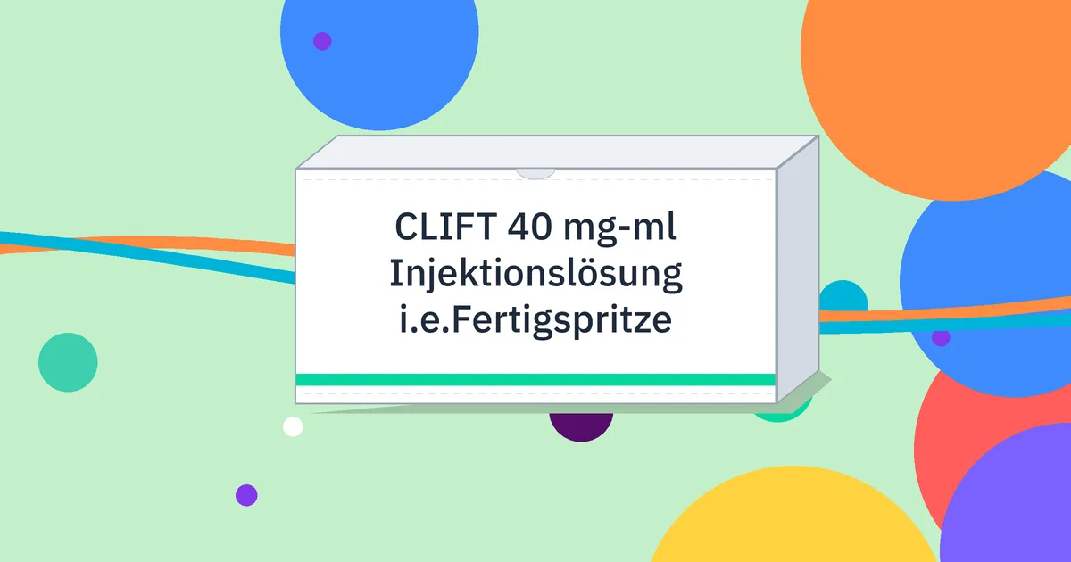 Symbolbild: Packung mit der Aufschrift CLIFT 40 mg-ml Injektionslösung i.e.Fertigspritze (PZN 20010615) – Verfügbarkeit und Bezug in Apotheken in Frankfurt am Main