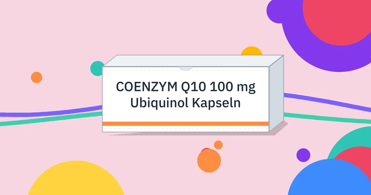 Symbolbild: Packung mit der Aufschrift COENZYM Q10 100 mg Ubiquinol Kapseln (PZN 11290828) – Verfügbarkeit und Bezug in Apotheken in Frankfurt am Main