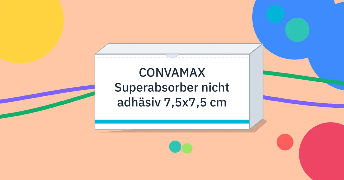 Symbolbild: Packung mit der Aufschrift CONVAMAX Superabsorber nicht adhäsiv 7,5x7,5 cm (PZN 20124738) – Verfügbarkeit und Bezug in Apotheken in Frankfurt am Main