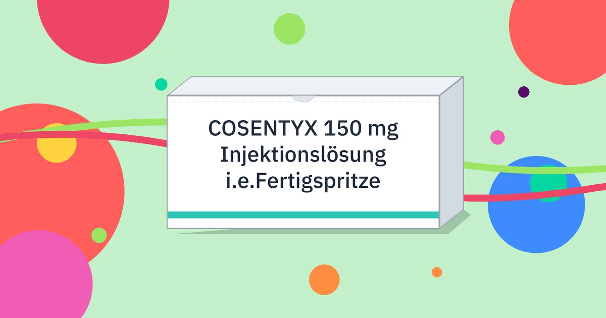 Symbolbild: Packung mit der Aufschrift COSENTYX 150 mg Injektionslösung i.e.Fertigspritze (PZN 12733601) – Verfügbarkeit und Bezug in Apotheken in Frankfurt am Main