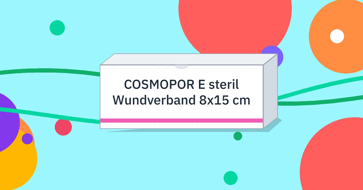 Symbolbild: Packung mit der Aufschrift COSMOPOR E steril Wundverband 8x15 cm (PZN 20165393) – Verfügbarkeit und Bezug in Apotheken in Frankfurt am Main
