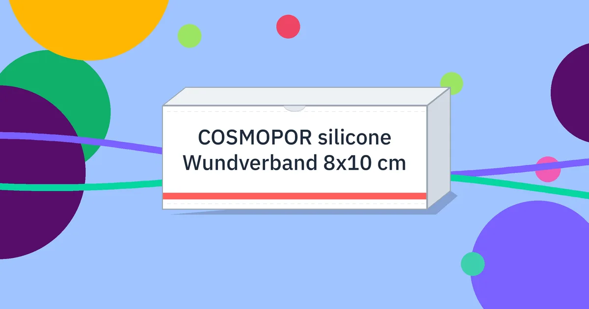 Symbolbild: Packung mit der Aufschrift COSMOPOR silicone Wundverband 8x10 cm (PZN 18303876) – Verfügbarkeit und Bezug in Apotheken in Frankfurt am Main