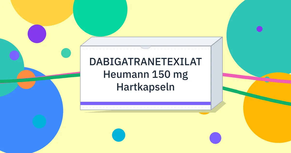 Symbolbild: Packung mit der Aufschrift DABIGATRANETEXILAT Heumann 150 mg Hartkapseln (PZN 18486345) – Verfügbarkeit und Bezug in Apotheken in Frankfurt am Main