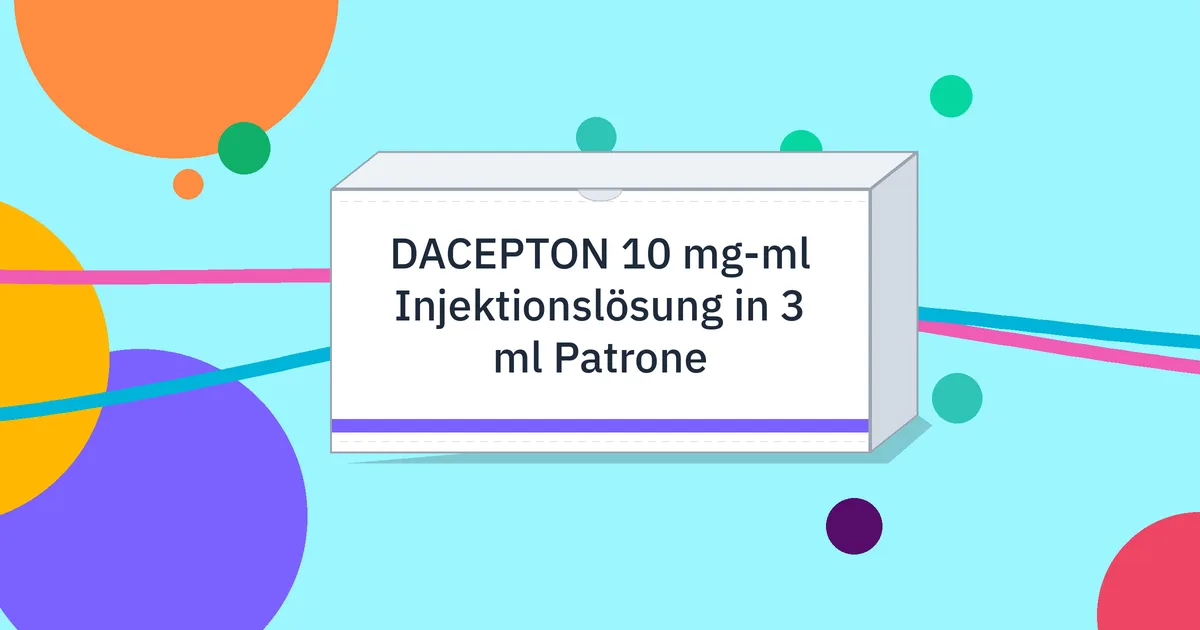 Symbolbild: Packung mit der Aufschrift DACEPTON 10 mg-ml Injektionslösung in 3 ml Patrone (PZN 12362091) – Verfügbarkeit und Bezug in Apotheken in Frankfurt am Main