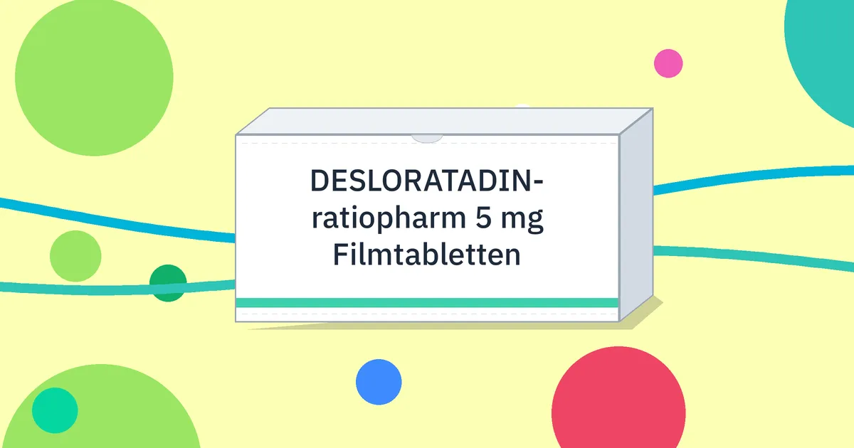 Symbolbild: Packung mit der Aufschrift DESLORATADIN-ratiopharm 5 mg Filmtabletten (PZN 15397612) – Verfügbarkeit und Bezug in Apotheken in Frankfurt am Main