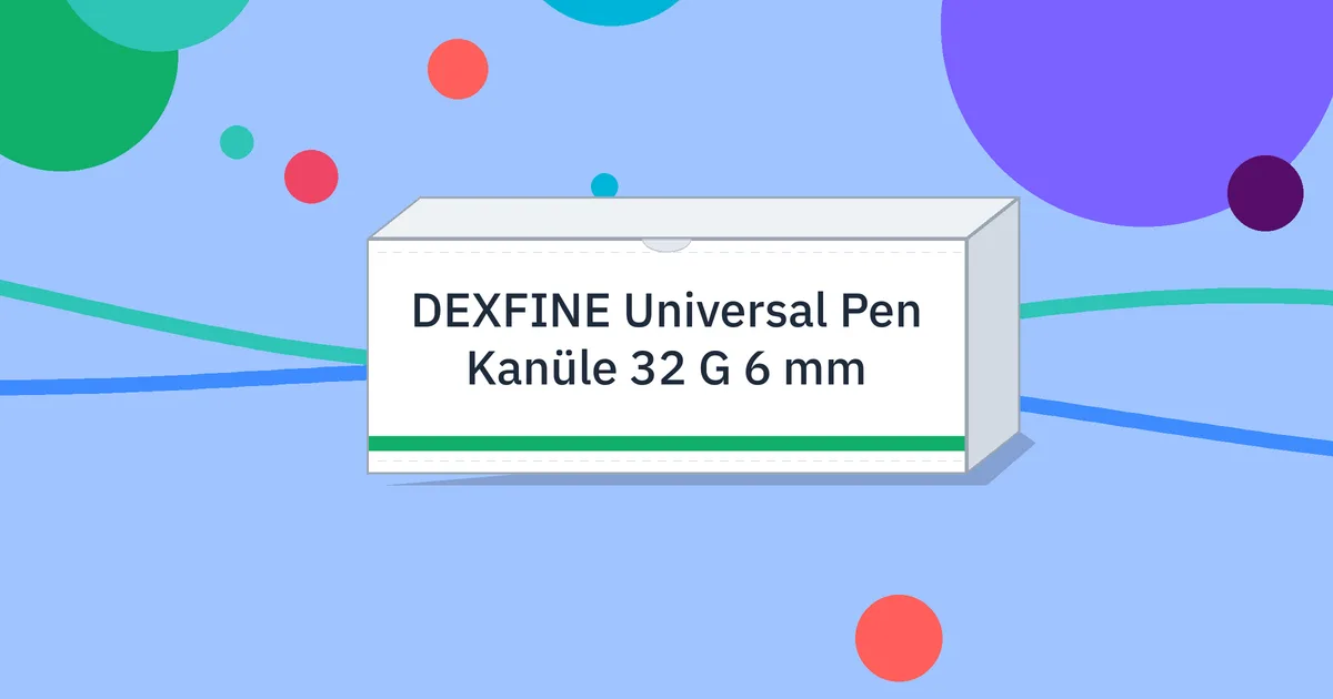 Symbolbild: Packung mit der Aufschrift DEXFINE Universal Pen Kanüle 32 G 6 mm (PZN 10187212) – Verfügbarkeit und Bezug in Apotheken in Frankfurt am Main