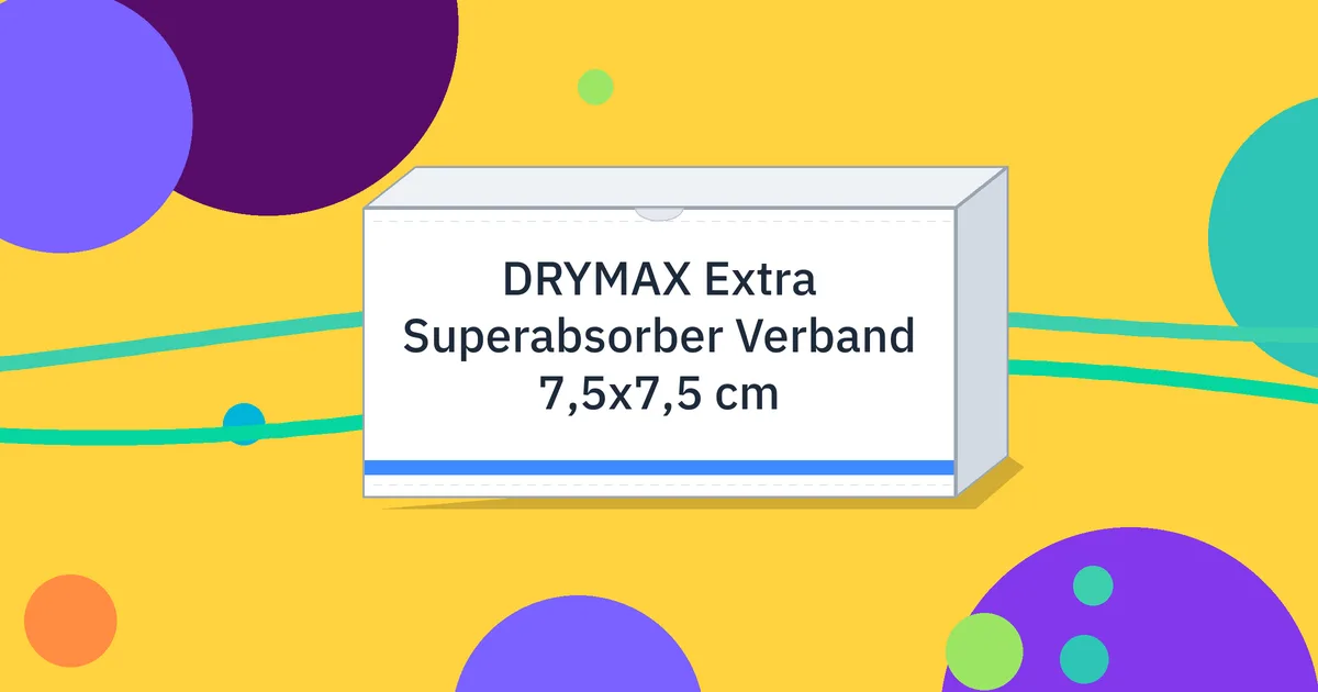 Symbolbild: Packung mit der Aufschrift DRYMAX Extra Superabsorber Verband 7,5x7,5 cm (PZN 11586322) – Verfügbarkeit und Bezug in Apotheken in Frankfurt am Main