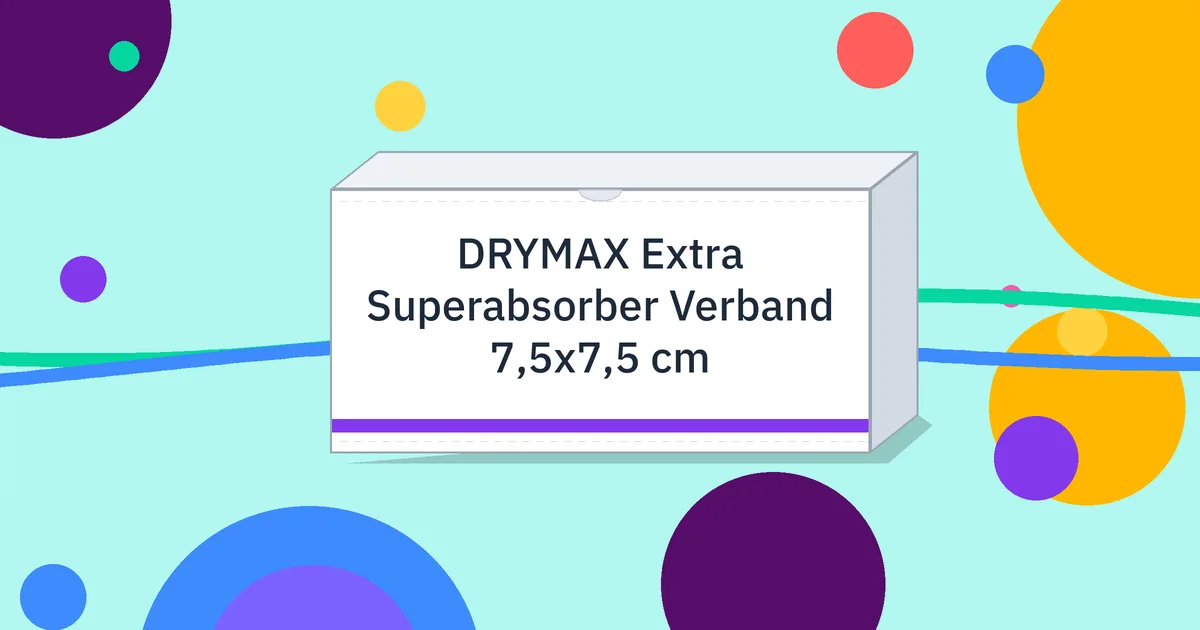 Symbolbild: Packung mit der Aufschrift DRYMAX Extra Superabsorber Verband 7,5x7,5 cm (PZN 11586316) – Verfügbarkeit und Bezug in Apotheken in Frankfurt am Main