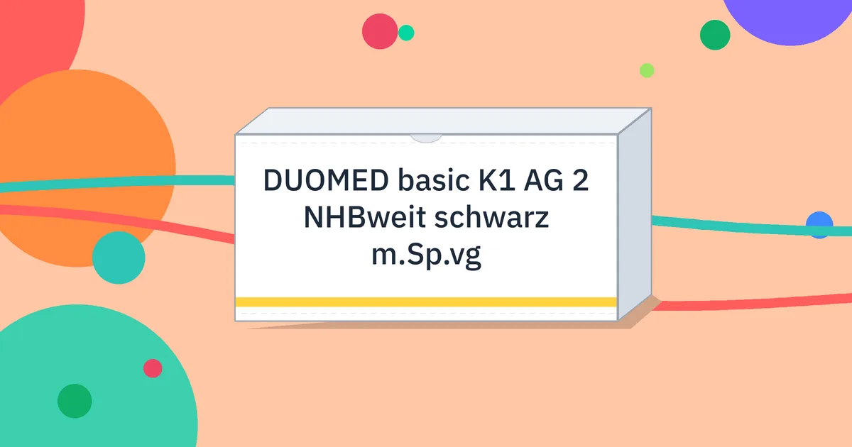 Symbolbild: Packung mit der Aufschrift DUOMED basic K1 AG 2 NHBweit schwarz m.Sp.vg (PZN 20905832) – Verfügbarkeit und Bezug in Apotheken in Frankfurt am Main