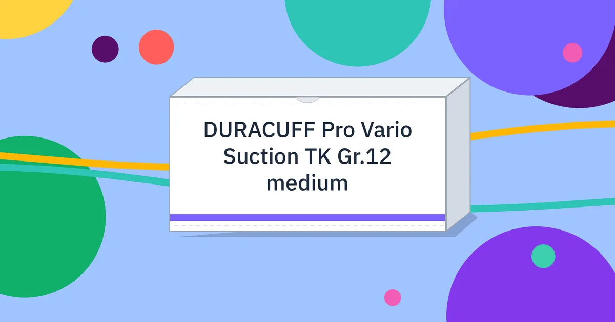 Symbolbild: Packung mit der Aufschrift DURACUFF Pro Vario Suction TK Gr.12 medium (PZN 19245365) – Verfügbarkeit und Bezug in Apotheken in Frankfurt am Main