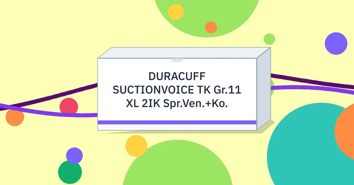 Symbolbild: Packung mit der Aufschrift DURACUFF SUCTIONVOICE TK Gr.11 XL 2IK Spr.Ven.+Ko. (PZN 04964947) – Verfügbarkeit und Bezug in Apotheken in Frankfurt am Main