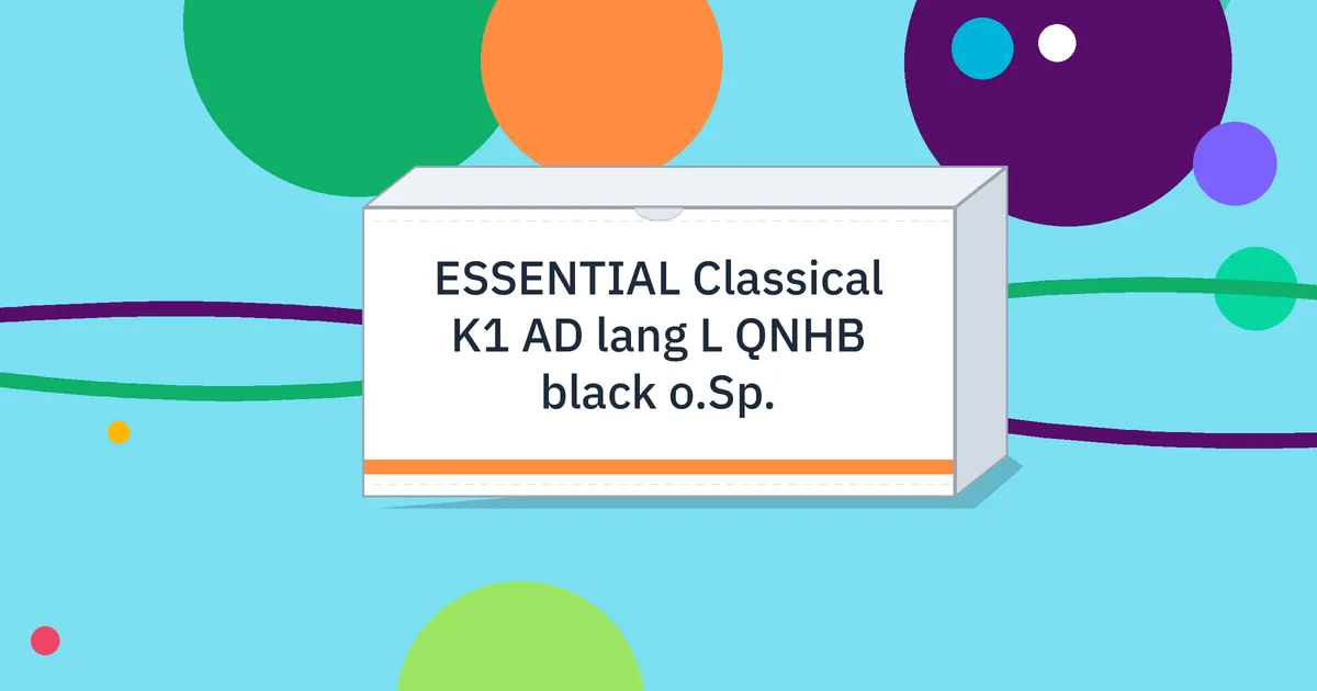 Symbolbild: Packung mit der Aufschrift ESSENTIAL Classical K1 AD lang L QNHB black o.Sp. (PZN 18866119) – Verfügbarkeit und Bezug in Apotheken in Frankfurt am Main
