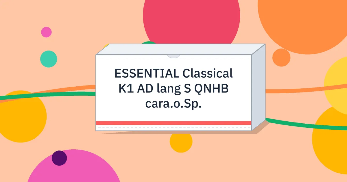 Symbolbild: Packung mit der Aufschrift ESSENTIAL Classical K1 AD lang S QNHB cara.o.Sp. (PZN 18866220) – Verfügbarkeit und Bezug in Apotheken in Frankfurt am Main