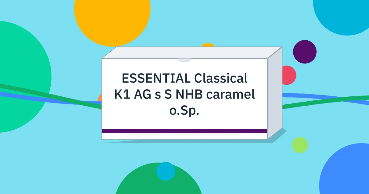 Symbolbild: Packung mit der Aufschrift ESSENTIAL Classical K1 AG s S NHB caramel o.Sp. (PZN 17010209) – Verfügbarkeit und Bezug in Apotheken in Frankfurt am Main
