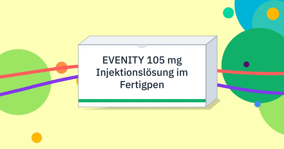 Symbolbild: Packung mit der Aufschrift EVENITY 105 mg Injektionslösung im Fertigpen (PZN 19873297) – Verfügbarkeit und Bezug in Apotheken in Frankfurt am Main