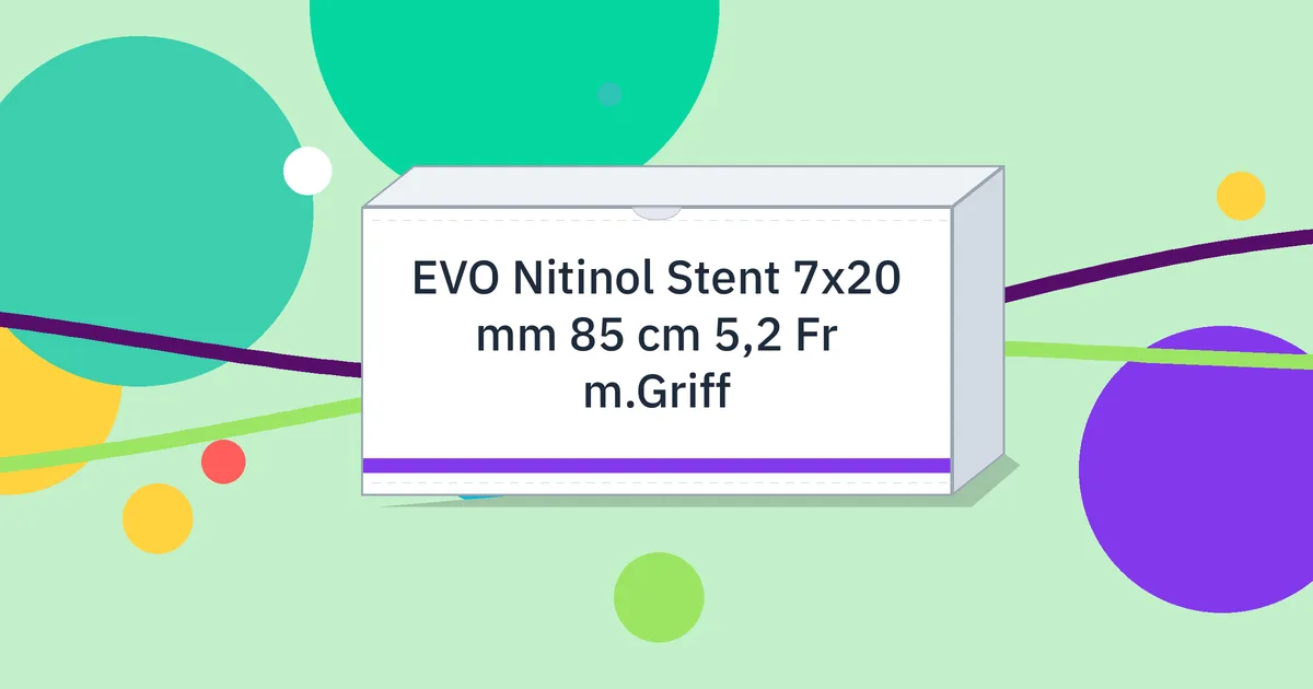 Symbolbild: Packung mit der Aufschrift EVO Nitinol Stent 7x20 mm 85 cm 5,2 Fr m.Griff (PZN 00223303) – Verfügbarkeit und Bezug in Apotheken in Frankfurt am Main
