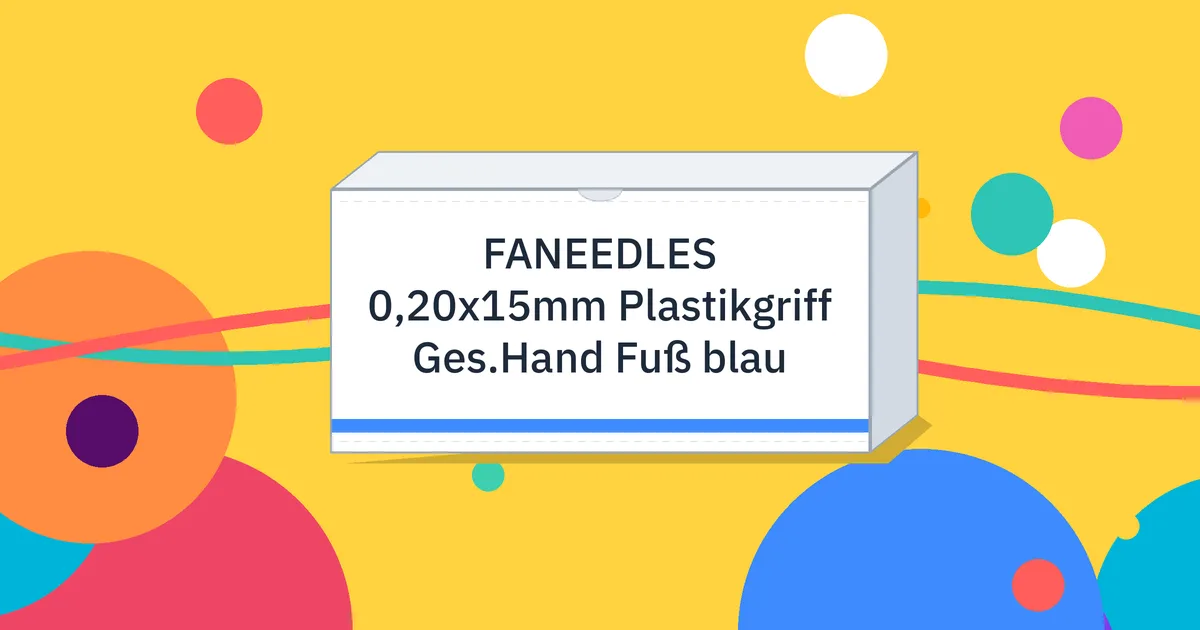 Symbolbild: Packung mit der Aufschrift FANEEDLES 0,20x15mm Plastikgriff Ges.Hand Fuß blau (PZN 20044867) – Verfügbarkeit und Bezug in Apotheken in Frankfurt am Main
