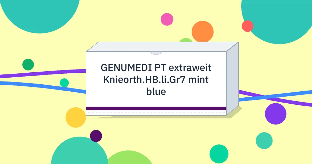 Symbolbild: Packung mit der Aufschrift GENUMEDI PT extraweit Knieorth.HB.li.Gr7 mint blue (PZN 17982680) – Verfügbarkeit und Bezug in Apotheken in Frankfurt am Main