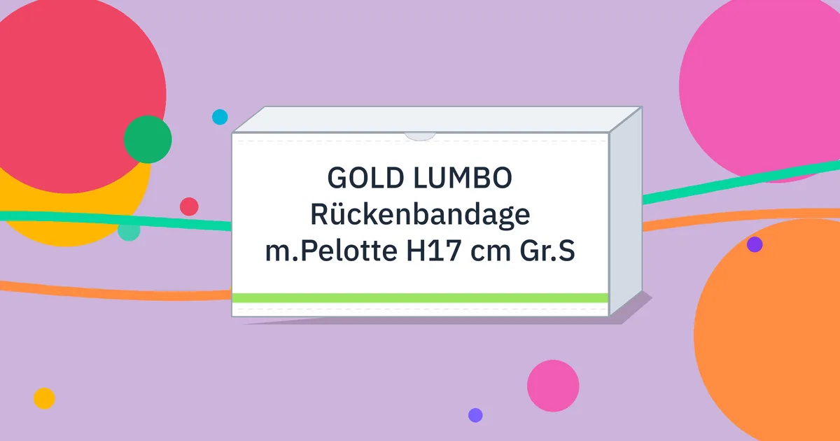 Symbolbild: Packung mit der Aufschrift GOLD LUMBO Rückenbandage m.Pelotte H17 cm Gr.S (PZN 19133672) – Verfügbarkeit und Bezug in Apotheken in Frankfurt am Main
