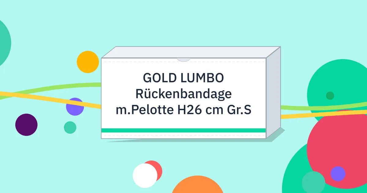 Symbolbild: Packung mit der Aufschrift GOLD LUMBO Rückenbandage m.Pelotte H26 cm Gr.S (PZN 19133784) – Verfügbarkeit und Bezug in Apotheken in Frankfurt am Main