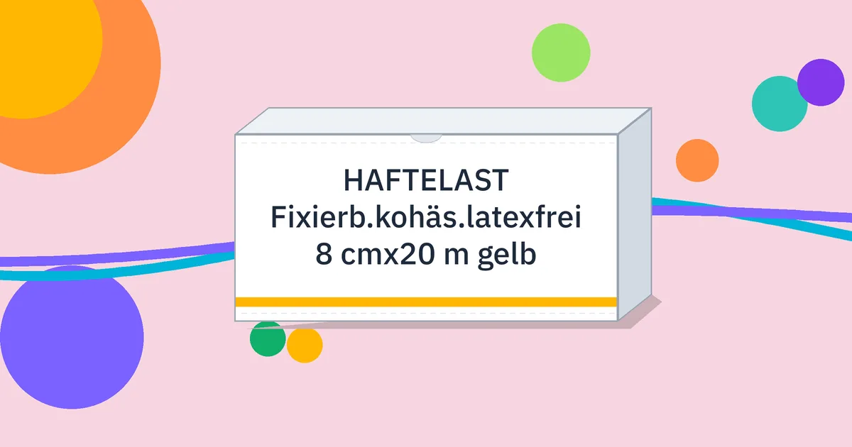 Symbolbild: Packung mit der Aufschrift HAFTELAST Fixierb.kohäs.latexfrei 8 cmx20 m gelb (PZN 08817367) – Verfügbarkeit und Bezug in Apotheken in Frankfurt am Main