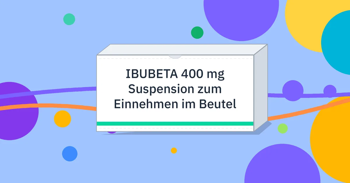 Symbolbild: Packung mit der Aufschrift IBUBETA 400 mg Suspension zum Einnehmen im Beutel (PZN 19382748) – Verfügbarkeit und Bezug in Apotheken in Frankfurt am Main