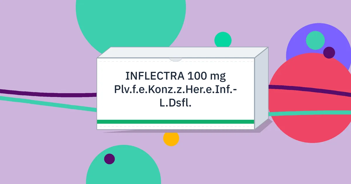 Symbolbild: Packung mit der Aufschrift INFLECTRA 100 mg Plv.f.e.Konz.z.Her.e.Inf.-L.Dsfl. (PZN 11649181) – Verfügbarkeit und Bezug in Apotheken in Frankfurt am Main