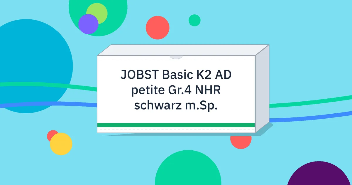 Symbolbild: Packung mit der Aufschrift JOBST Basic K2 AD petite Gr.4 NHR schwarz m.Sp. (PZN 15313288) – Verfügbarkeit und Bezug in Apotheken in Frankfurt am Main