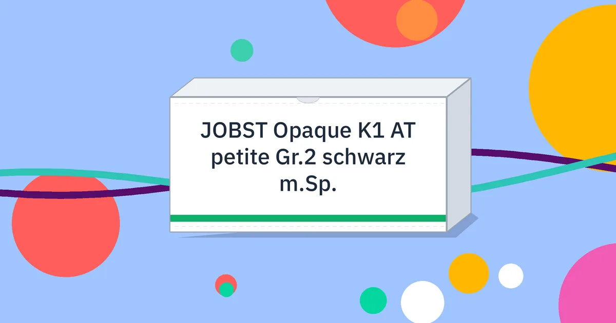 Symbolbild: Packung mit der Aufschrift JOBST Opaque K1 AT petite Gr.2 schwarz m.Sp. (PZN 13103836) – Verfügbarkeit und Bezug in Apotheken in Frankfurt am Main