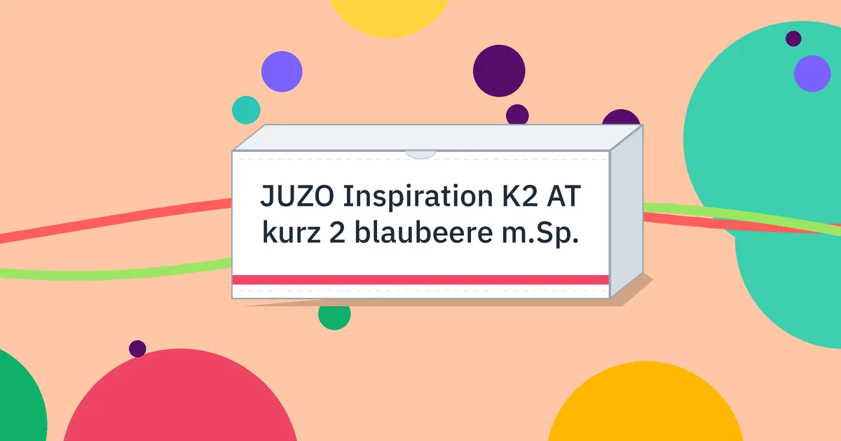 Symbolbild: Packung mit der Aufschrift JUZO Inspiration K2 AT kurz 2 blaubeere m.Sp. (PZN 14930872) – Verfügbarkeit und Bezug in Apotheken in Frankfurt am Main