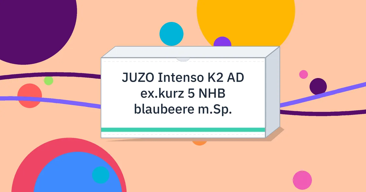 Symbolbild: Packung mit der Aufschrift JUZO Intenso K2 AD ex.kurz 5 NHB blaubeere m.Sp. (PZN 18611661) – Verfügbarkeit und Bezug in Apotheken in Frankfurt am Main