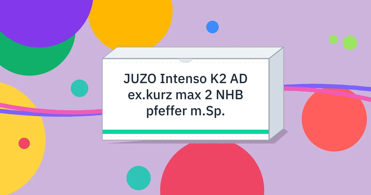 Symbolbild: Packung mit der Aufschrift JUZO Intenso K2 AD ex.kurz max 2 NHB pfeffer m.Sp. (PZN 18610199) – Verfügbarkeit und Bezug in Apotheken in Frankfurt am Main